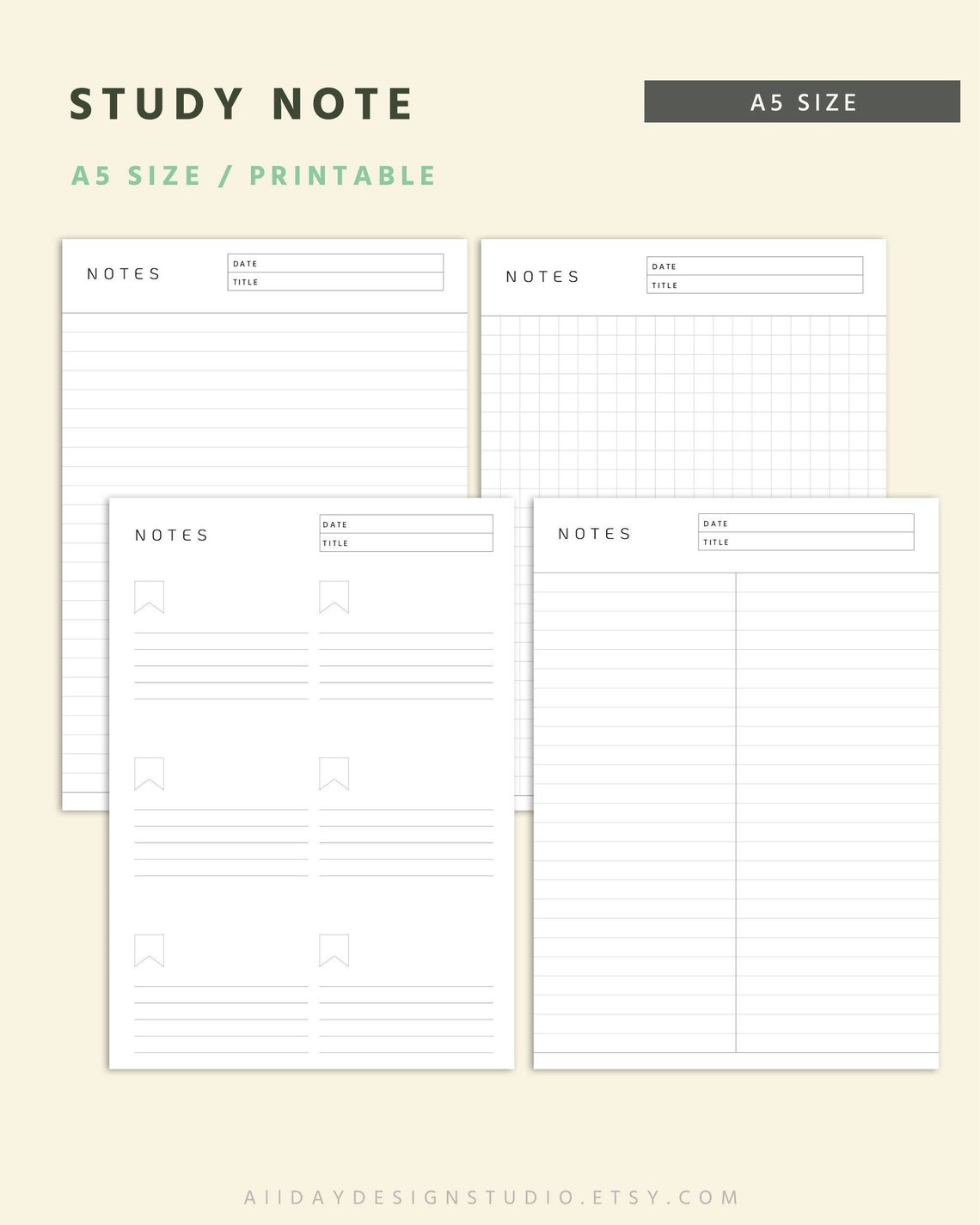 A5 Size Notes Paper, Lined, Grid Notes, Printable Study Note Template ...