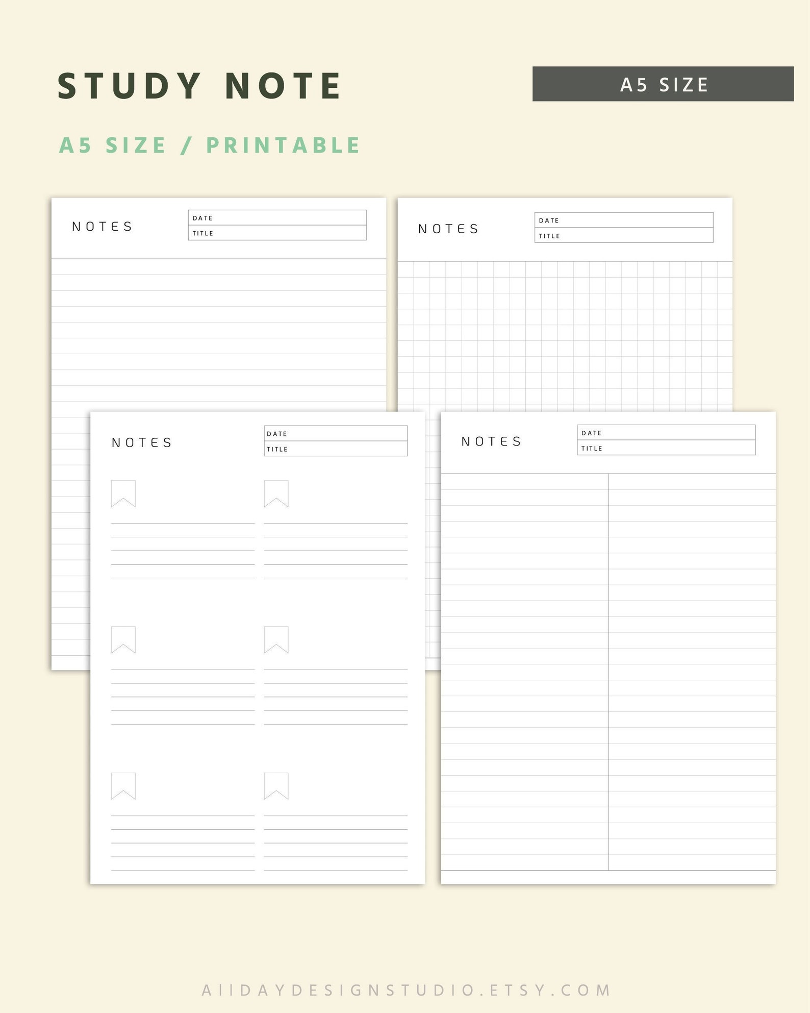 A5 Size Notes Paper, Lined, Grid Notes, Printable Study Note Template ...
