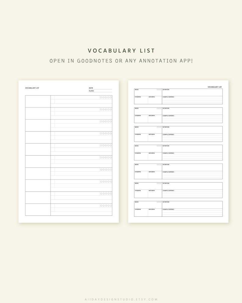 Printable Vocabulary List PDF, Editable Vocabulary Journal for Language ...
