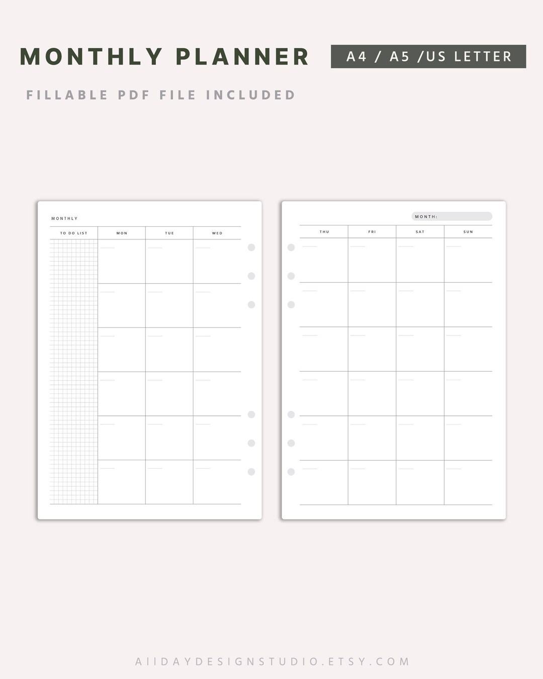 A5 A4 Undated Monthly Simple Planner, Monday Sunday Start, Blank ...
