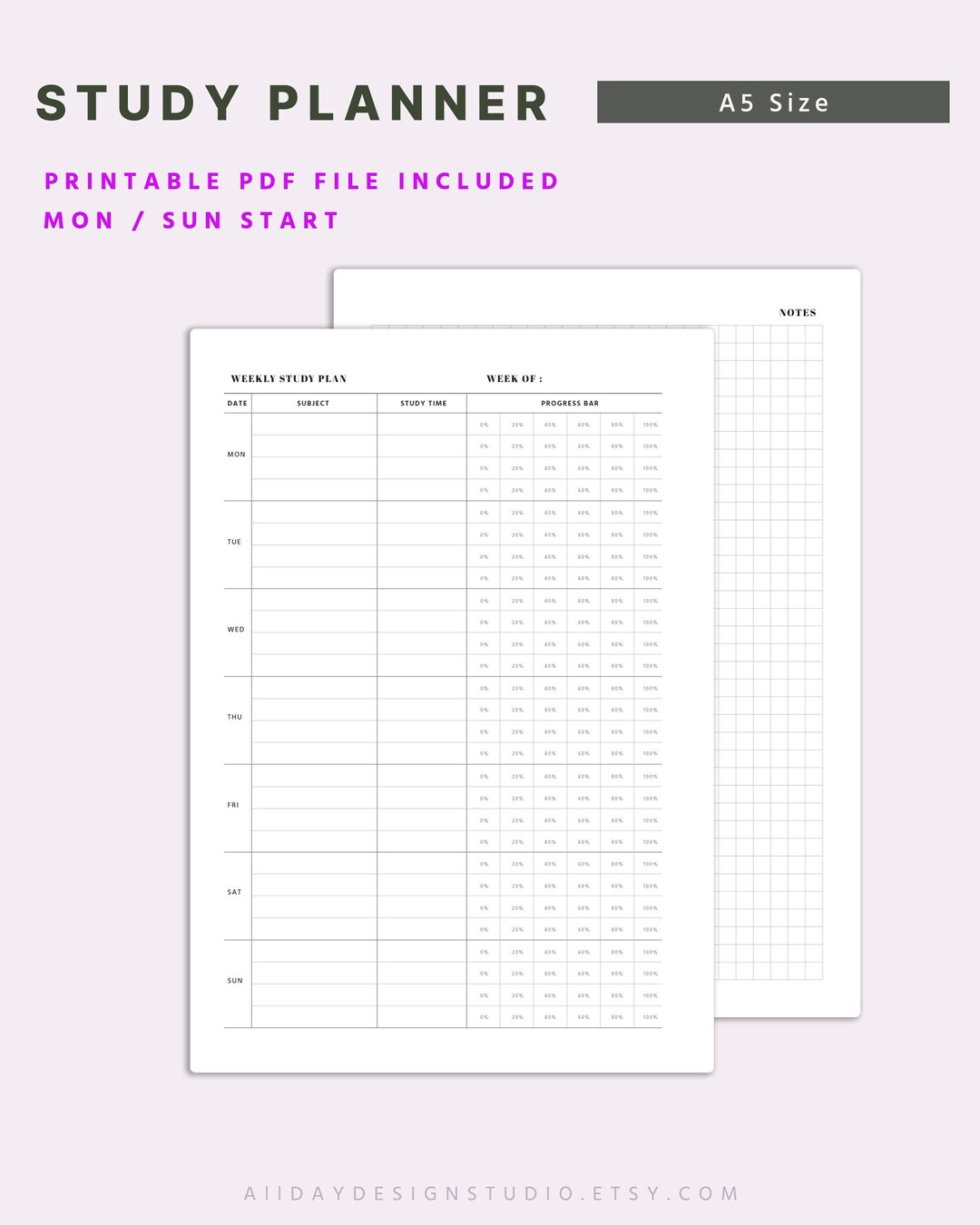 A5 Weekly Study Planner Template, Weekly Student Planner PDF, Study ...