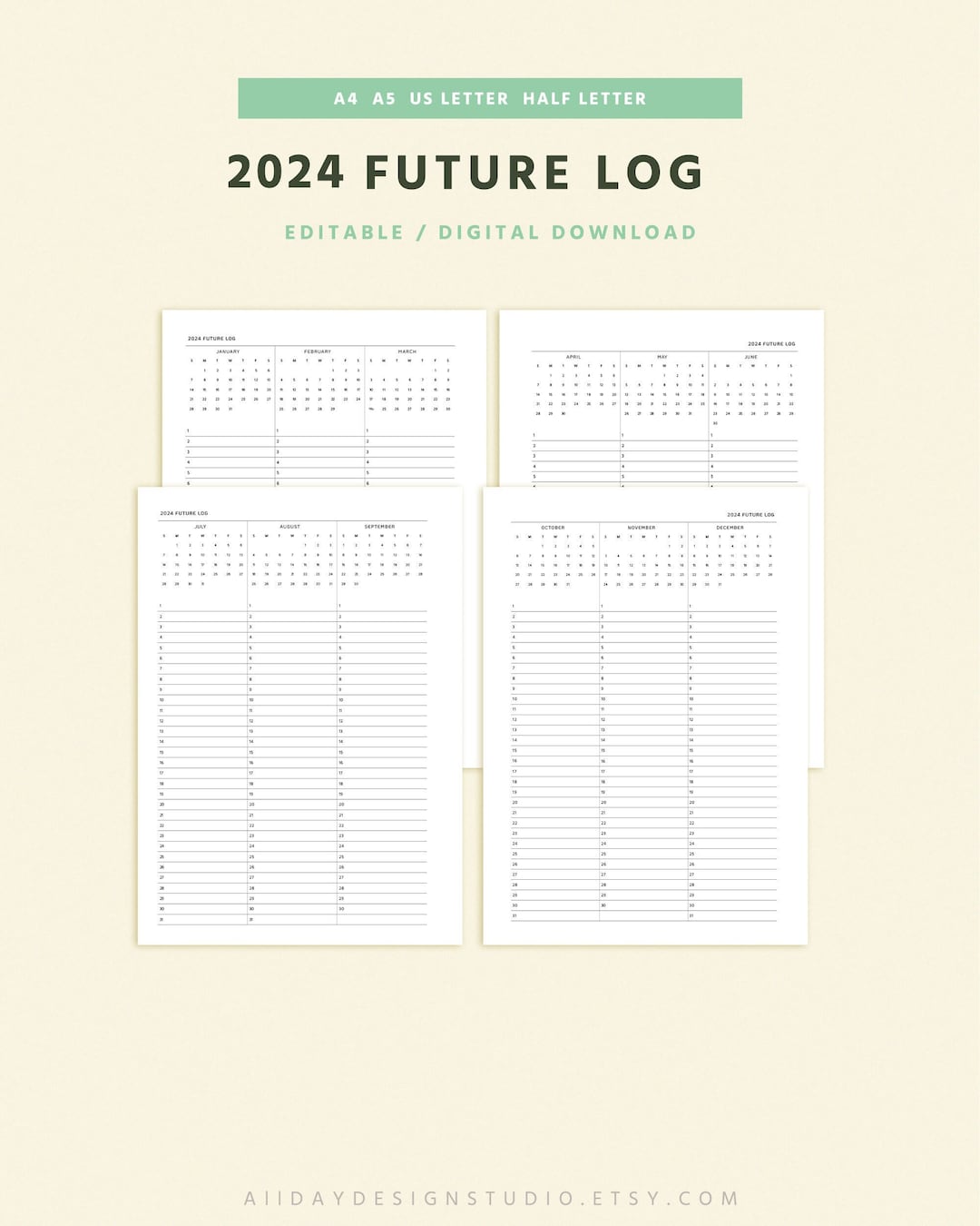 2024 Future Log, Year at a Glance , Quarterly Overview, A5 Printable ...