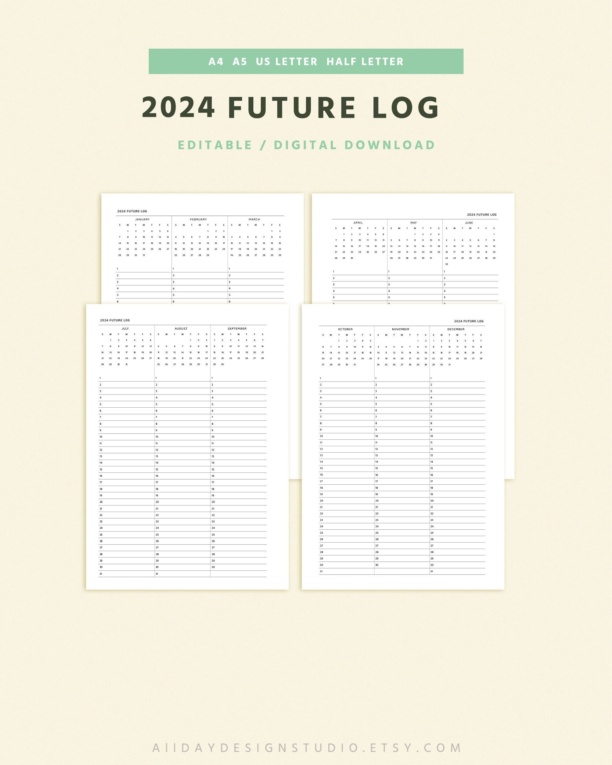2024 Future Log, Year at a Glance , Quarterly Overview, A5 Printable ...