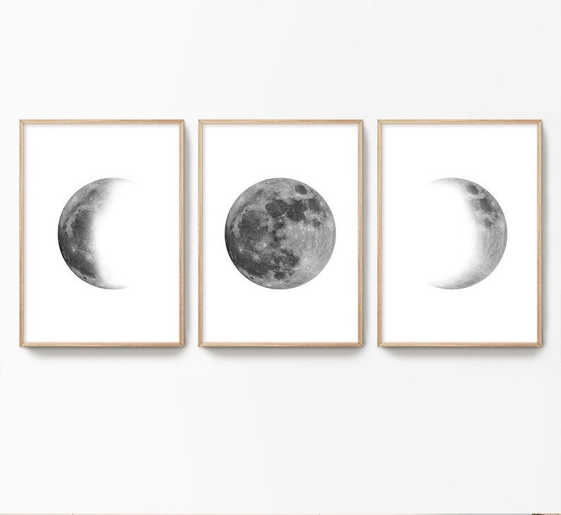 Moon Wall Decor Set of 3 Monochrome Moon Poster Above Bed | Etsy