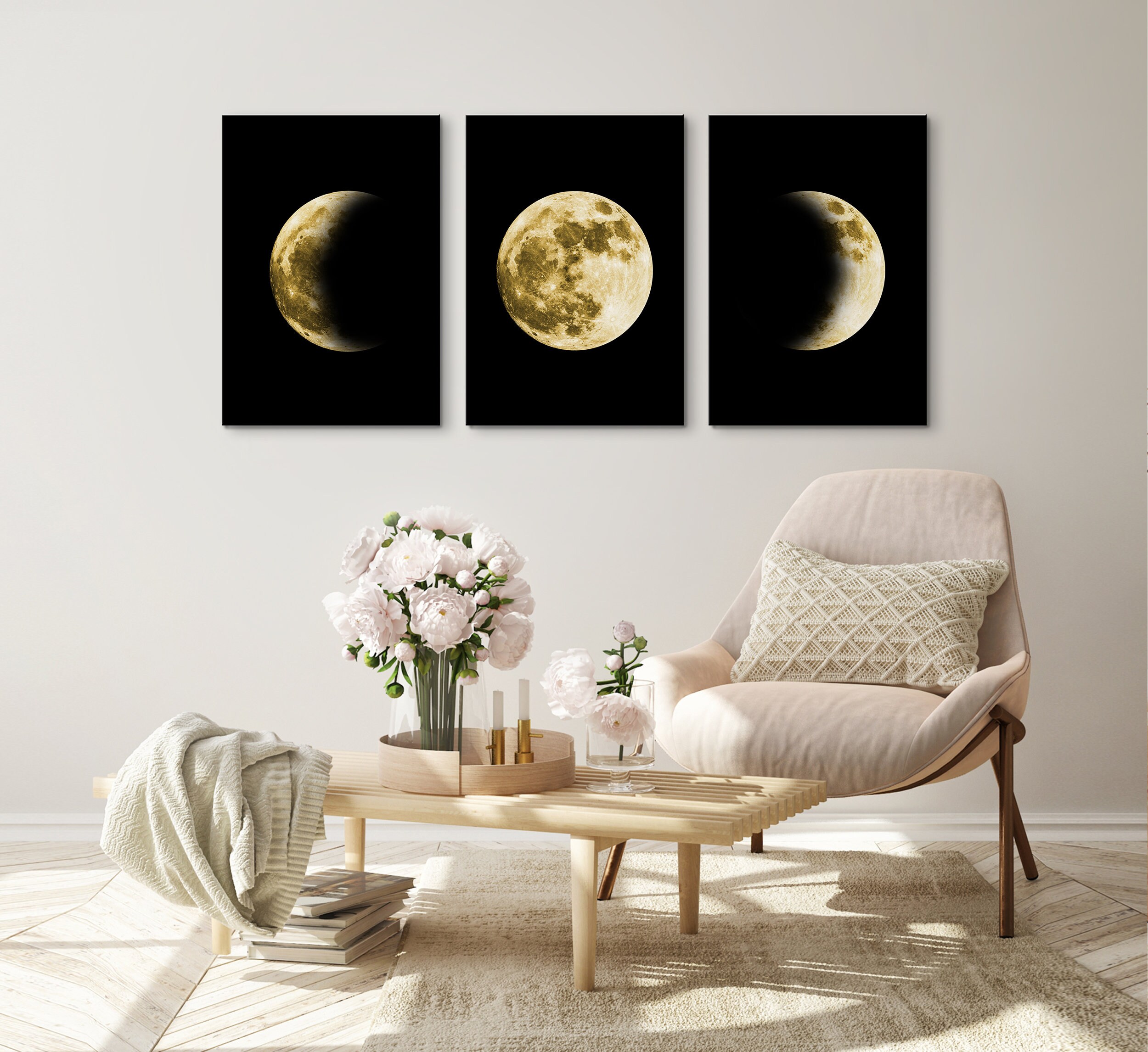 Gold Moon Triptych Lunar Phases Photo Large Moon Poster La - Etsy
