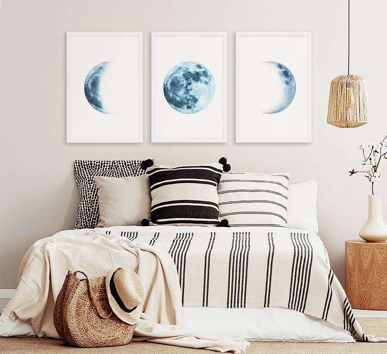 Blue Moon Set of 3 Lunar Phases Print Indigo Navy Moon Bedroom | Etsy