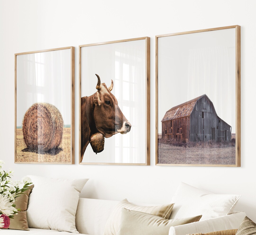 Farming Set of 3 Country Prints Set Haystack Photo Farm Cow Print Red ...