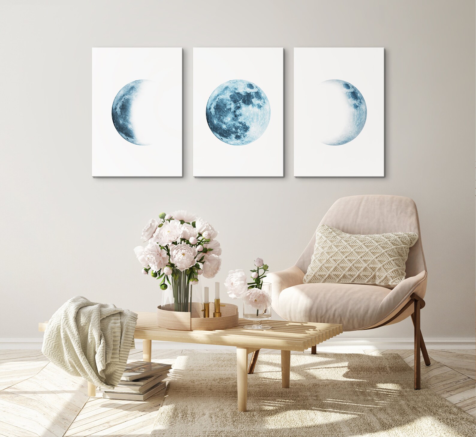 Blue Moon Set of 3 Lunar Phases Print Indigo Navy Moon Bedroom | Etsy