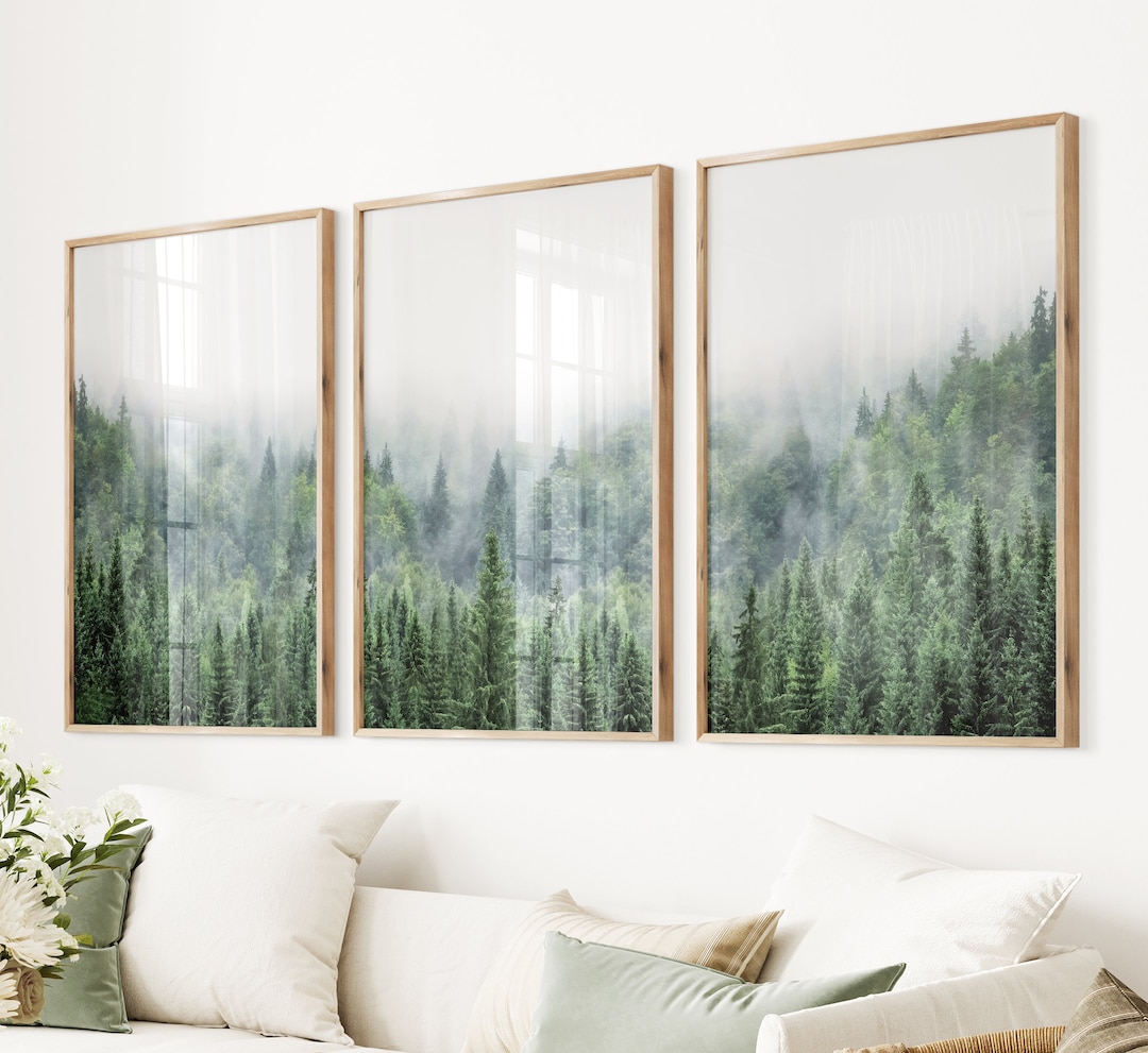 Green Forest Picture Set of 3 Forest Large Giclee Prints Pine Forest ...