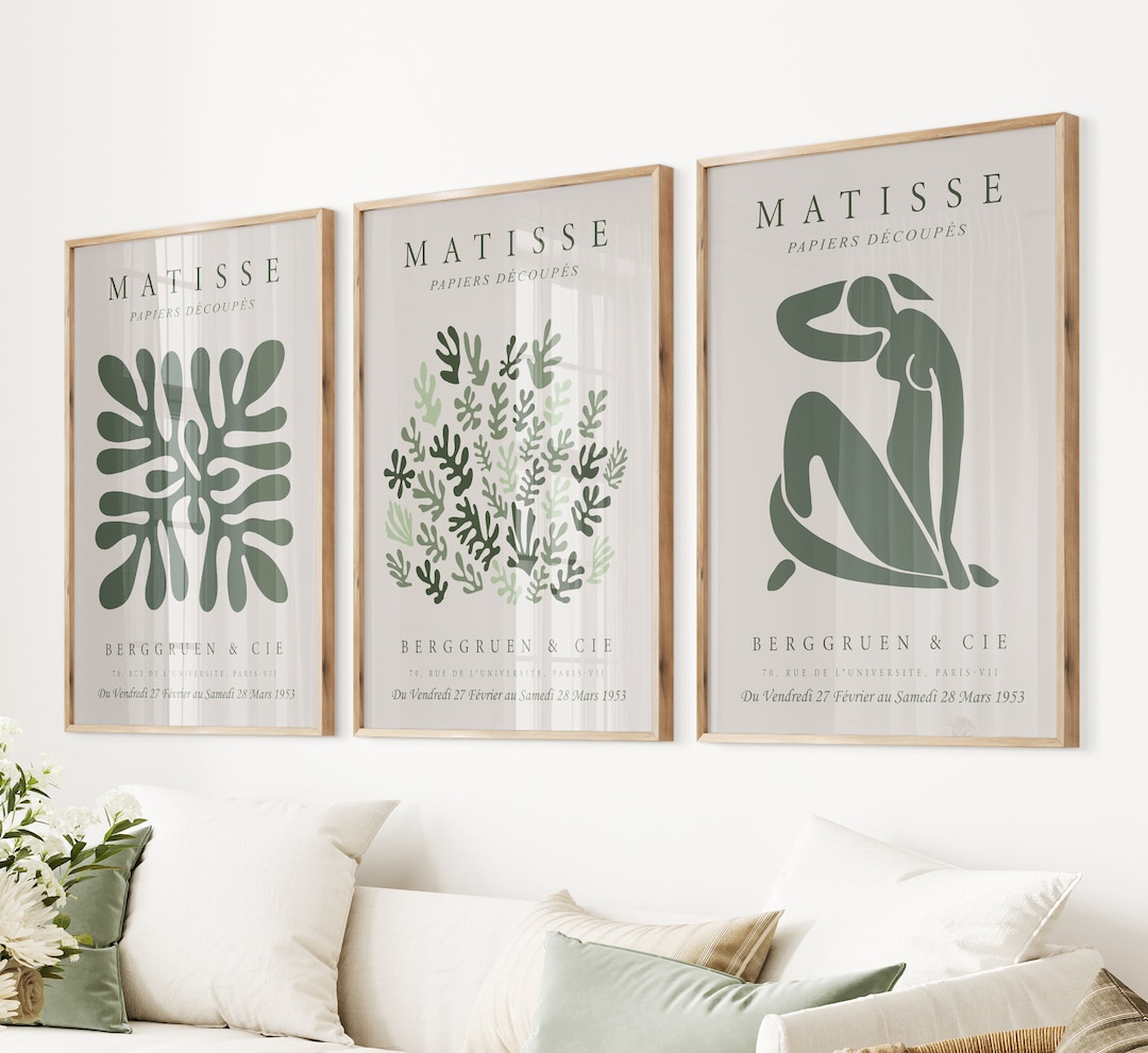 Matisse Set of 3 Sage Green Wall Art, Modern Abstract Set, 3 Piece Wall ...