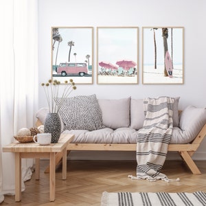 Set of 3 Beach Boho Summer Poster Blush Pink Coastal Van Wall Art Beach ...