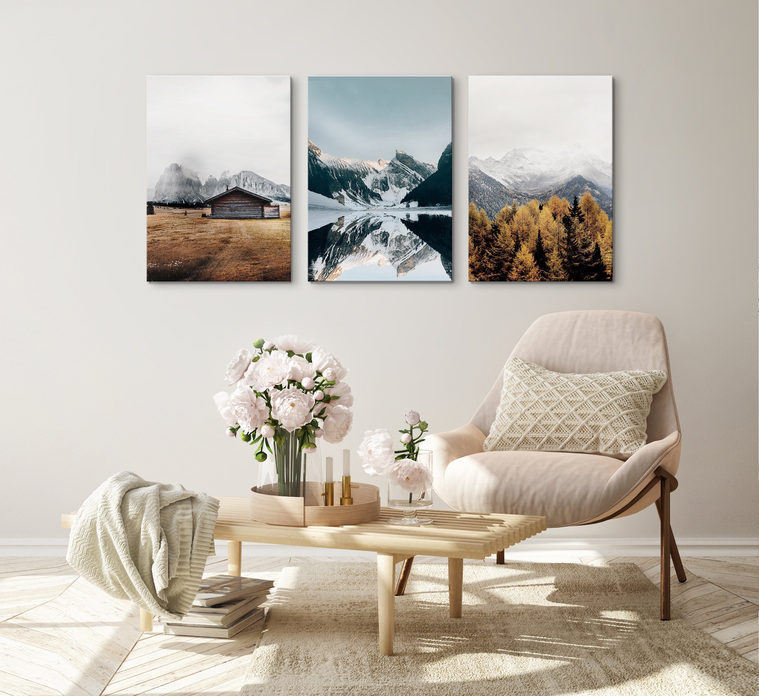 Farm Nature Set Forest Lake Poster Rustic Wall Art 3 Piece | Etsy