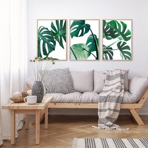 Monstera Set of 3 Tropical Leaves Botanical Photo Green Leaf Wall Art ...