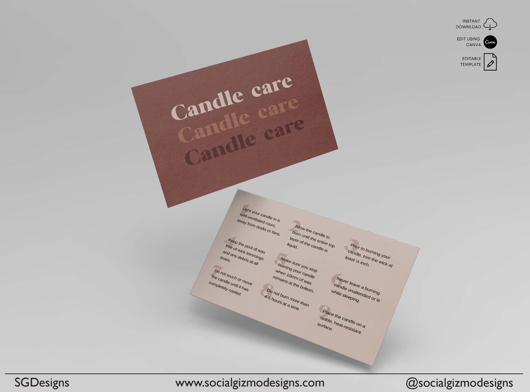 Candle Care Card Template, Editable Care Card for Candles, Printable ...