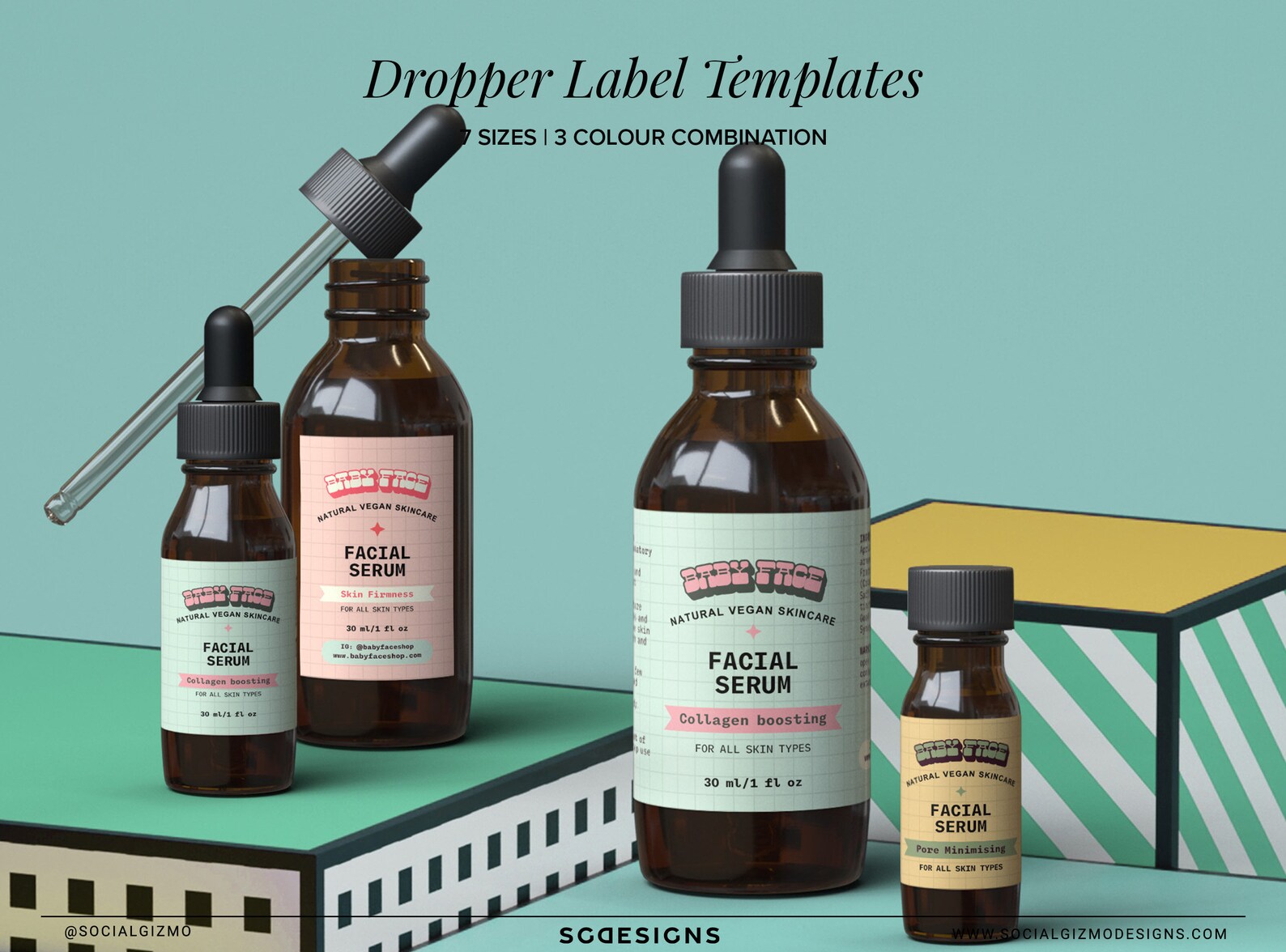 Retro Pink DIY Dropper Label Template, Funky Cyan Serum Label Template ...