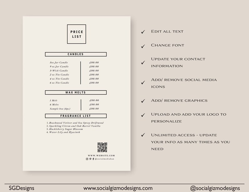 Minimal Price List Template for Candle Business Editable - Etsy