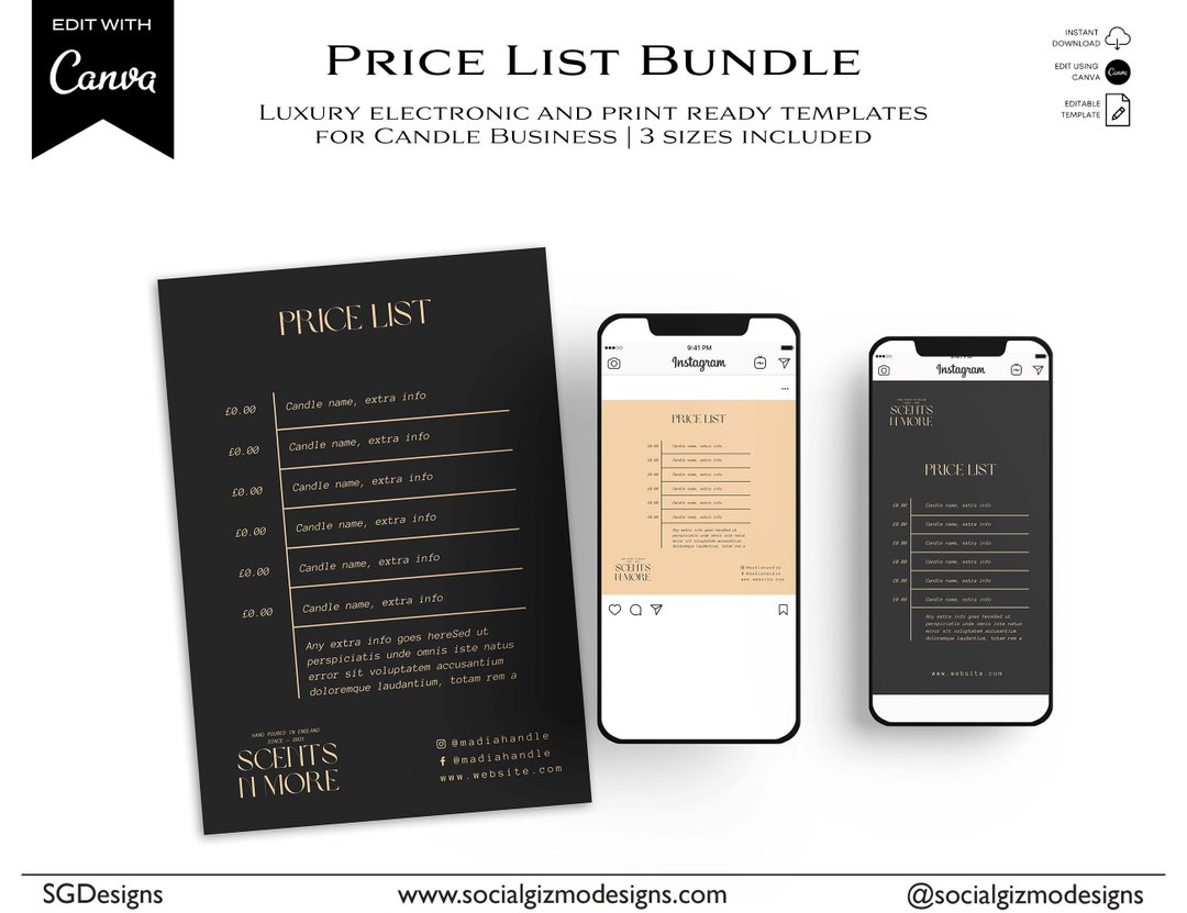DIY Lux Black Price Menu Template, Editable Price Listdiy Candle Scent ...