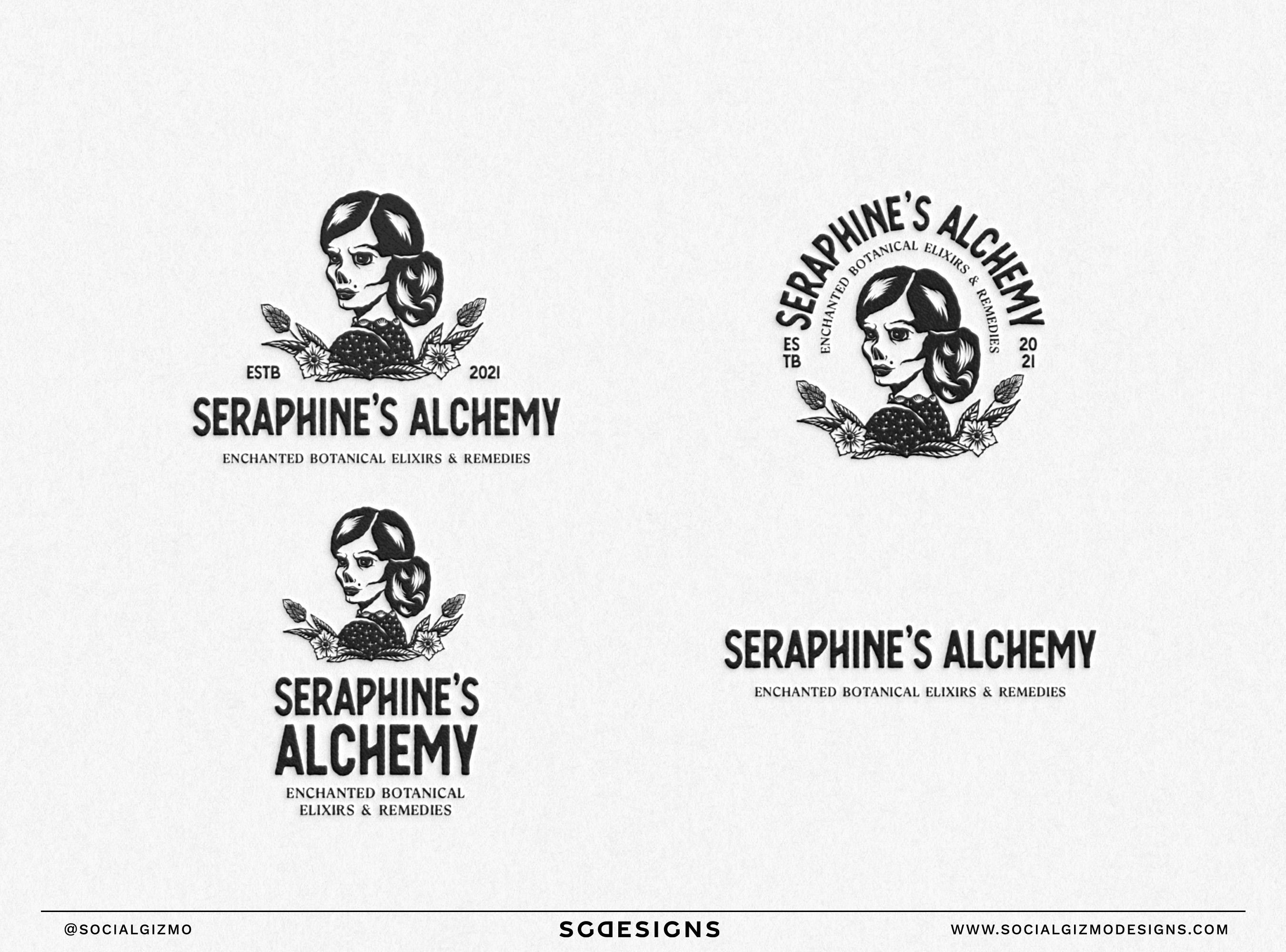 Grimoire Skeleton Lady Logo Suite: Alchemy Witch, Botanical Logo Set ...