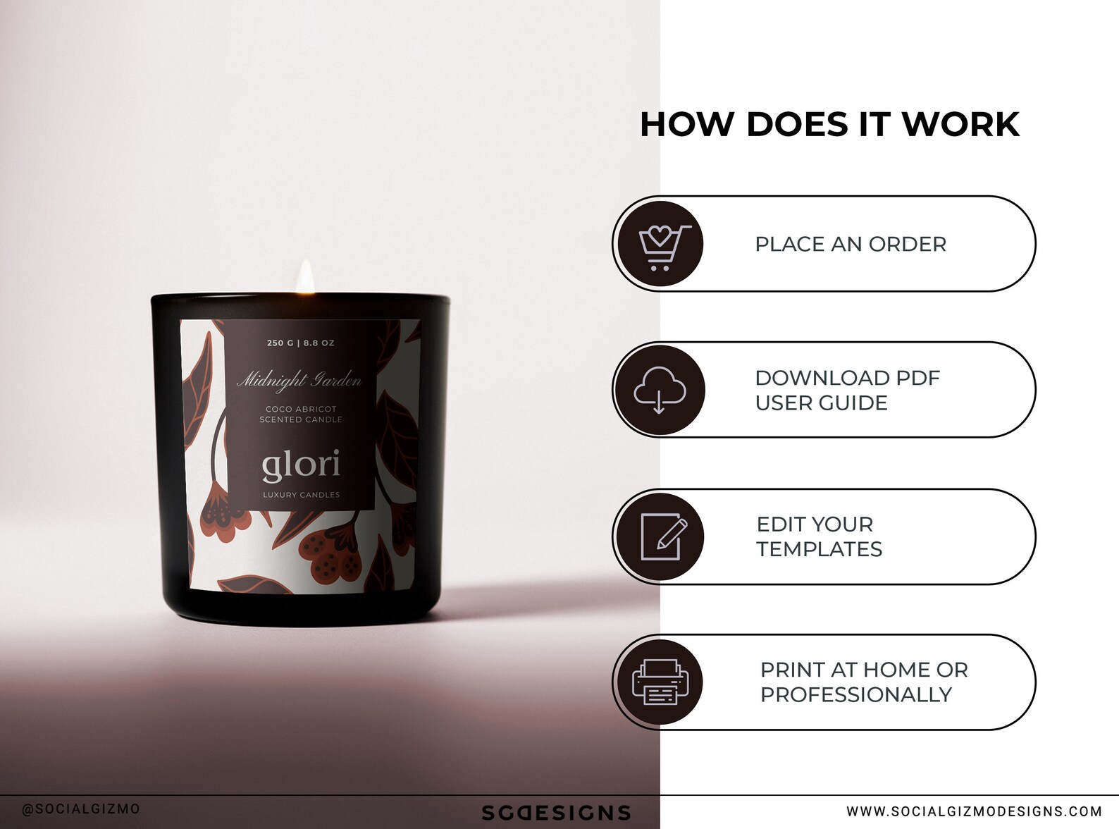 Luxury DIY Black Candle Label, Modern Floral DIY Candle Label Design ...