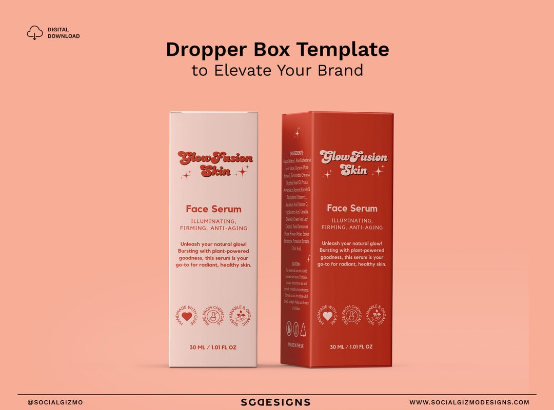 Retro Dropper Box Design, Red Retro Face Serum Box Design Template, DIY ...