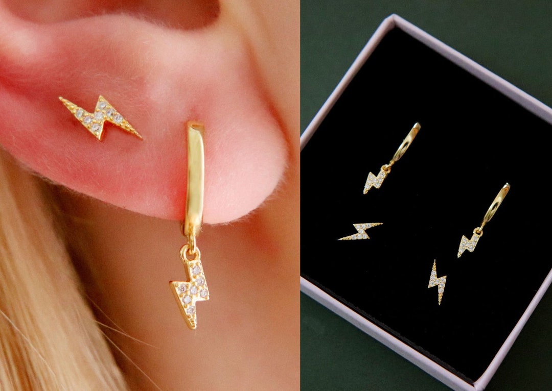 Gold Dainty Diamond CZ Lightning Bolt Shaped Charm Huggie Hoop Earrings ...