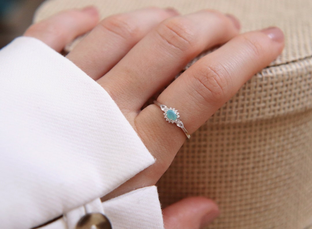 Sterling Silver Halo Opal Ring, Blue Opal CZ Ring, Tiny Opal Ring, Elegant Ring, Halo Ring ...