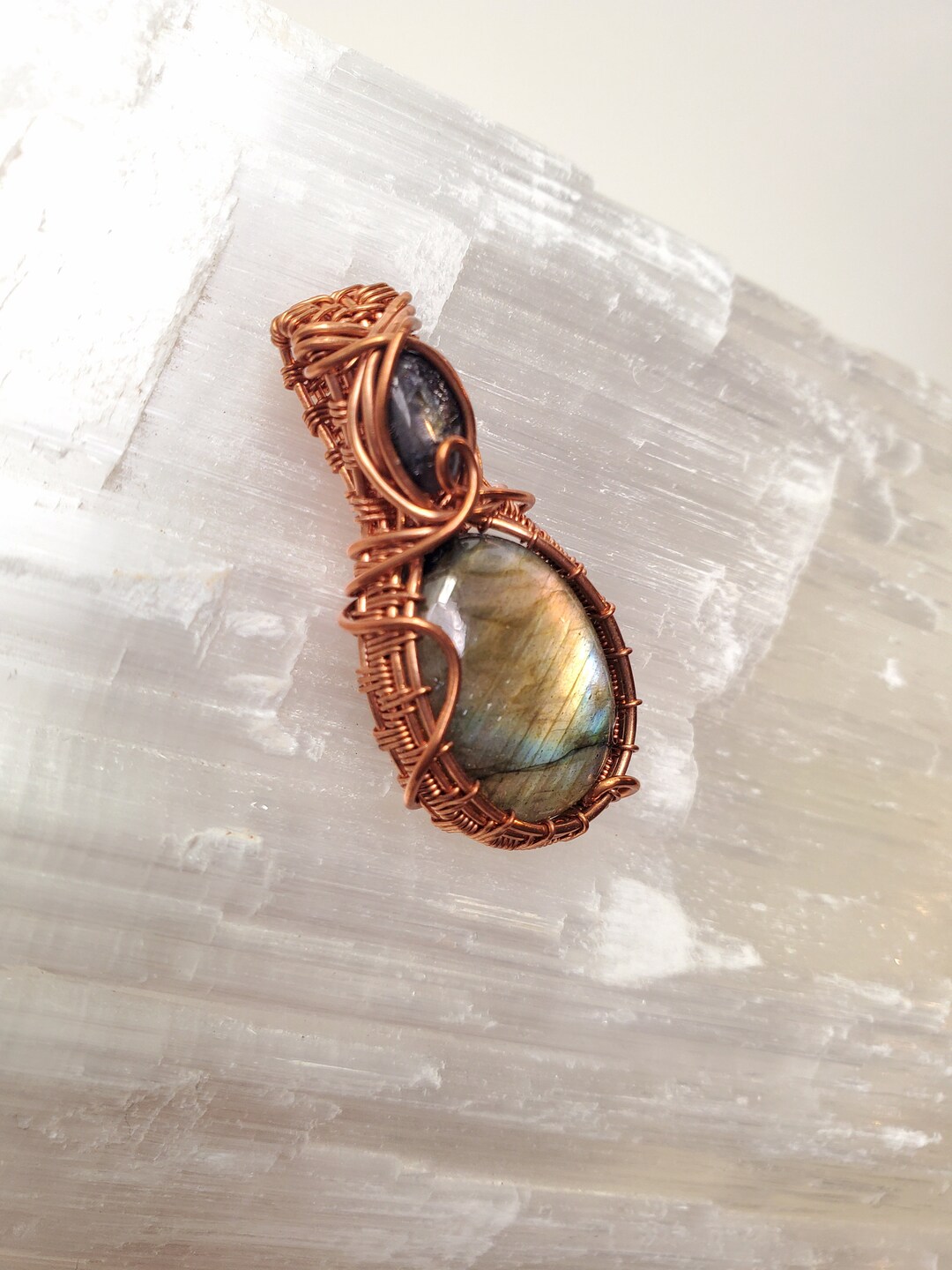 Labradorite and Silver Sheen Obsidian Wire Wrapped Copper Pendant ...
