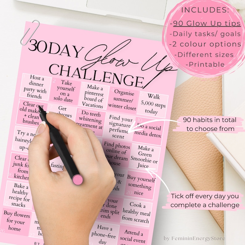 30 Day Glow up Challenge Printable 30 Day Self Care Planner Instant ...
