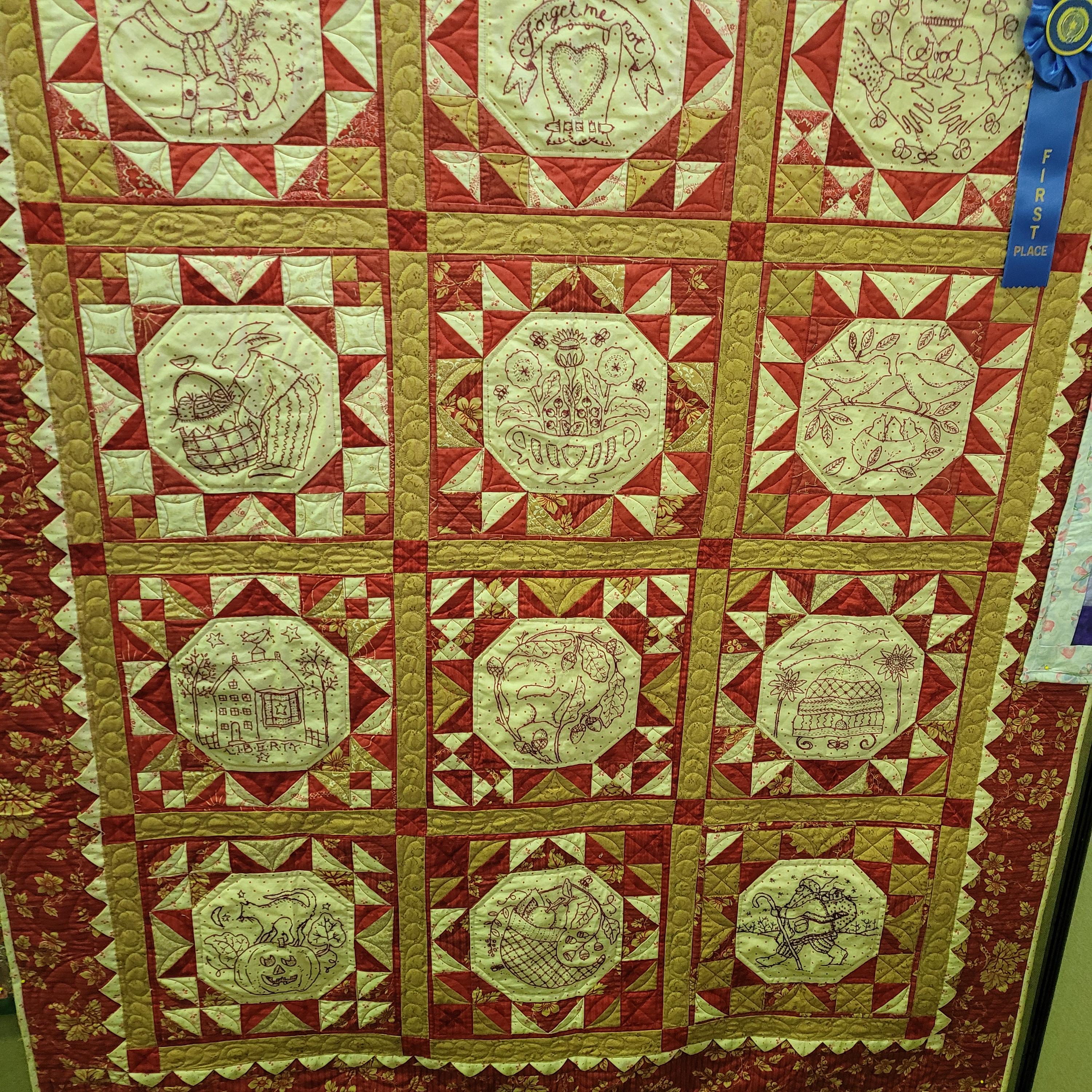 Hand Embroidered Redwork Quilt - Etsy