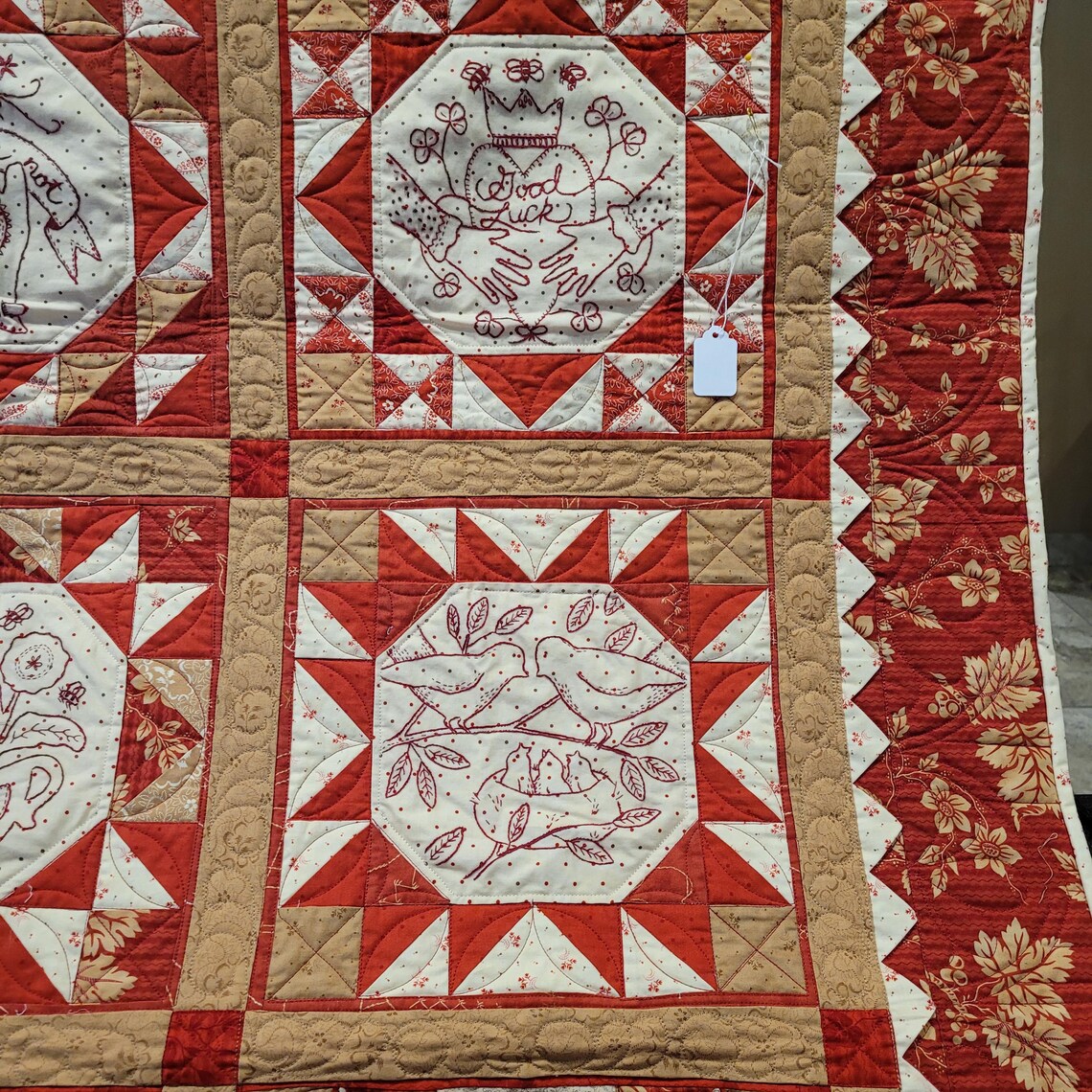 Hand Embroidered Redwork Quilt - Etsy