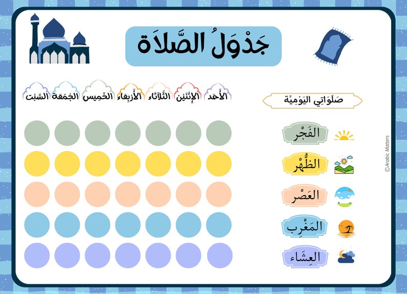 Arabic Prayer Salah Tracker Chart for Muslim Kids, Ramadan Gift, Daily ...