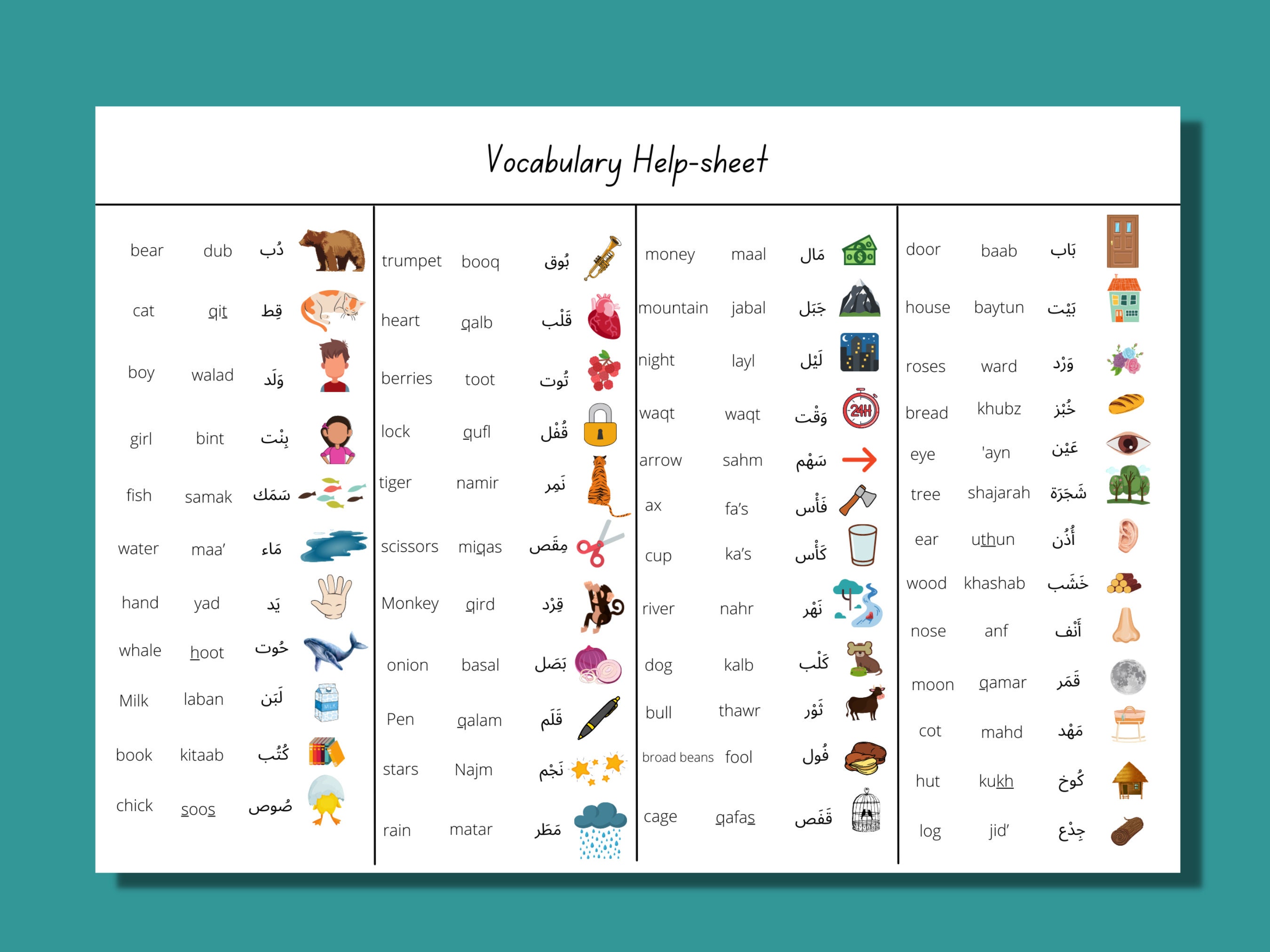 Arabic 3-letter Word Reading Cards: Montessori Vocabulary Practice (PDF ...