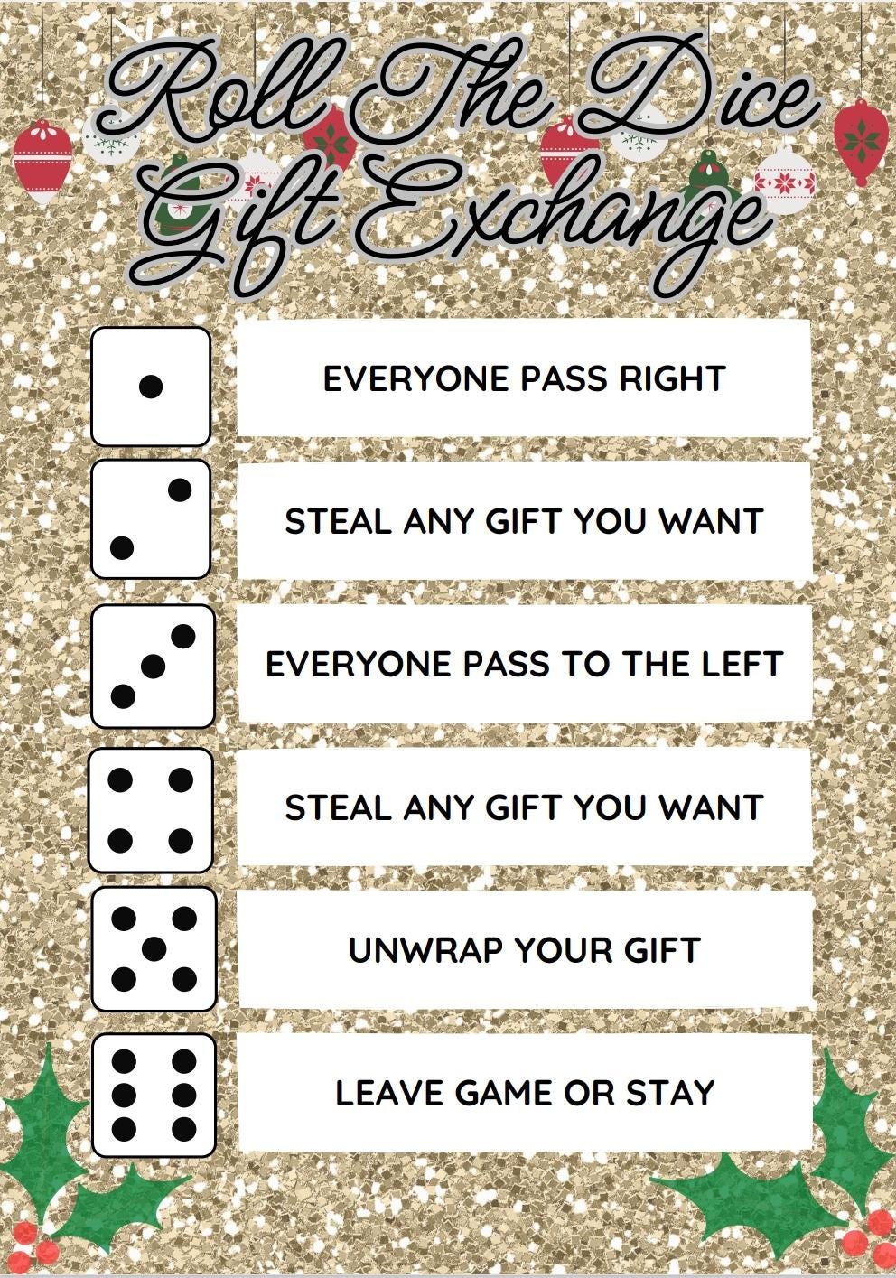 PRINTABLE Roll the Dice Gift Exchange Game, White Elephant Gift ...