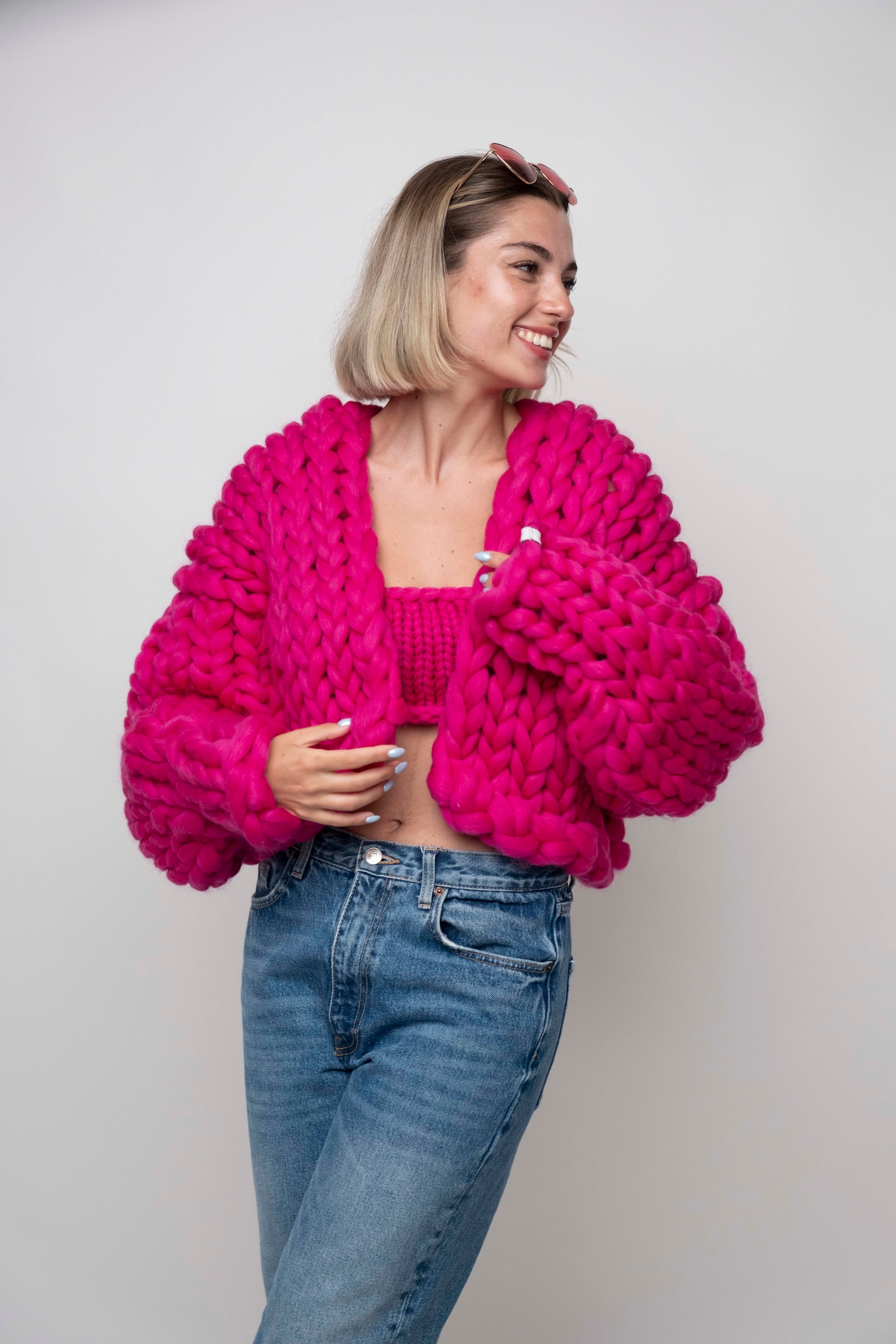 Fuchsia Cardigan, Pink Cardigan, Chunky Cardigan, Wool Cardigan, Knit ...