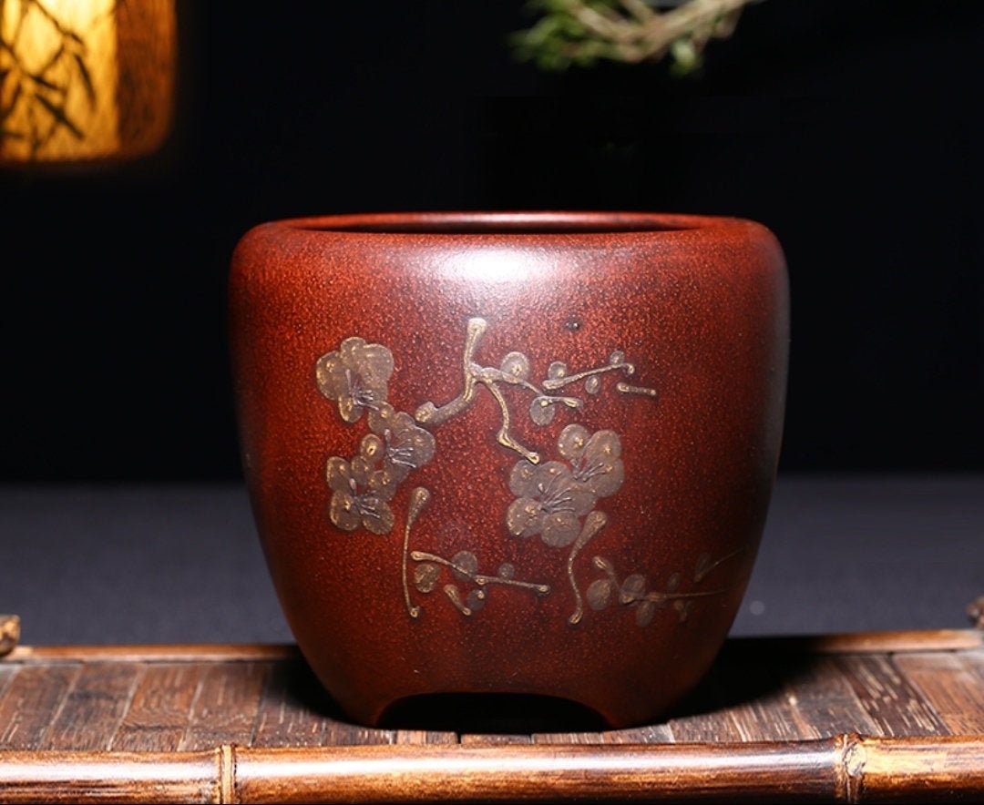 Round Bonsai Flowerpot Yixing Purple Clay Pottery Simple Retro Painting ...