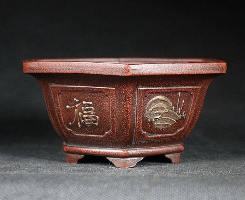 Mini Hexagonal Bonsai Flower Pot Handmade Painting Yixing Zisha Pottery ...