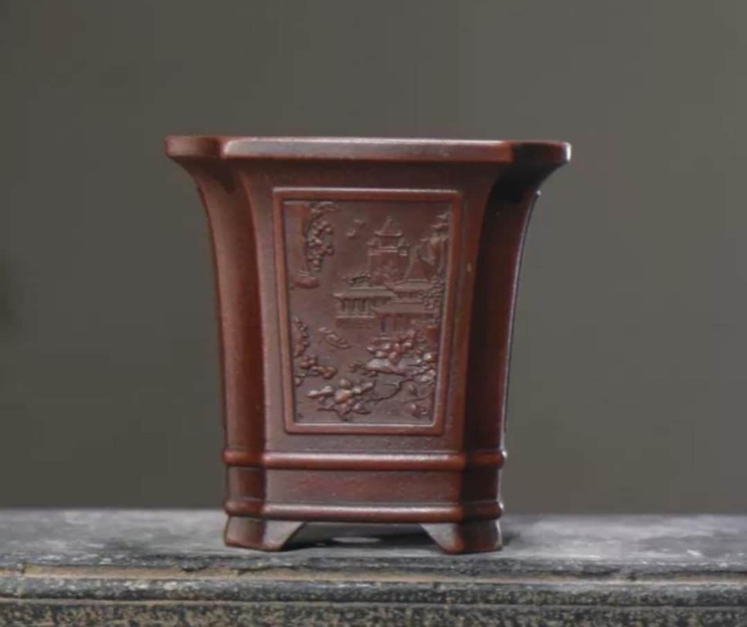 Retro Old Style Square Cut Corner Bonsai Pot Embossed Landscape ...