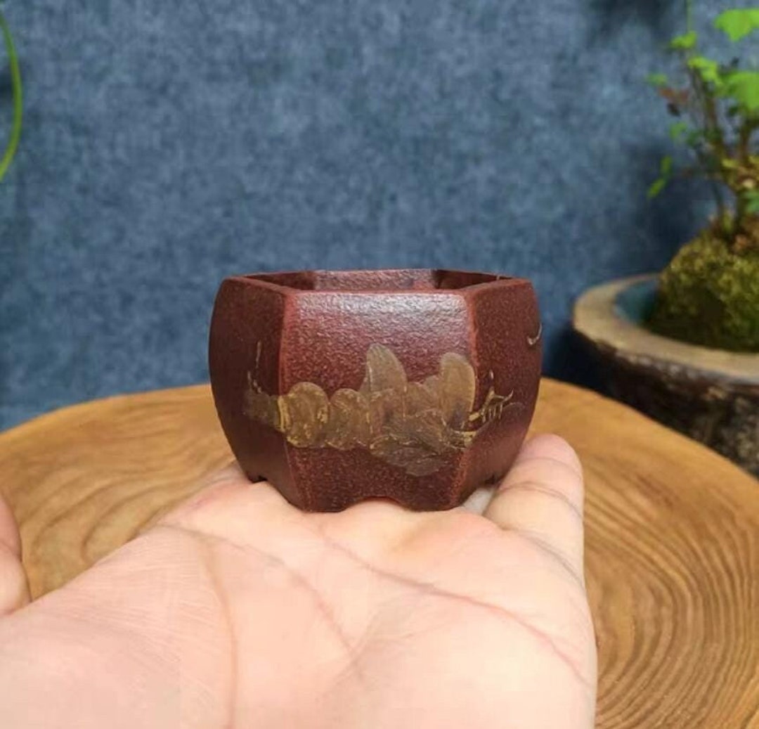 Six-square Mini Bonsai Pot Handmade Clay Painting Retro Landscape ...