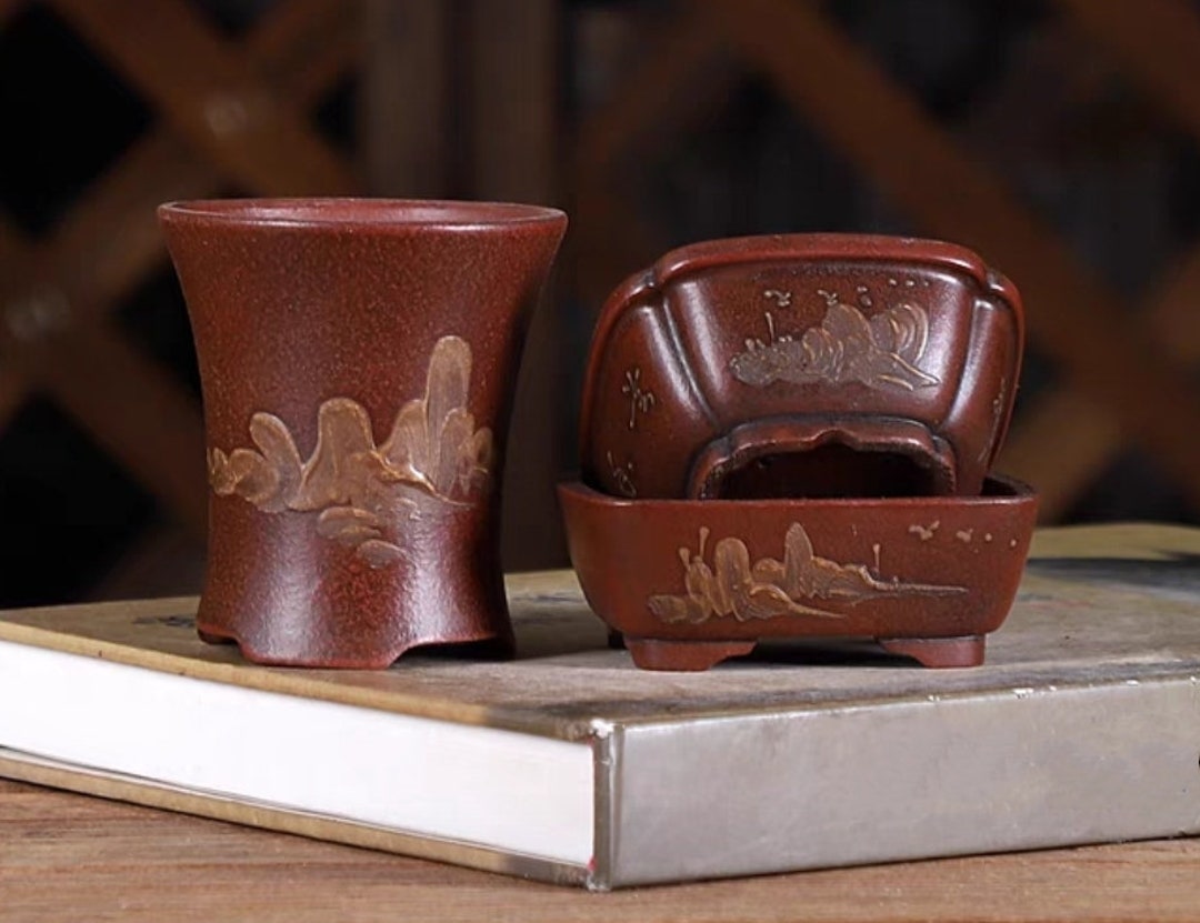Mini Bonsai Pot Old Style Handmade Mud Painting Landscape Painting ...
