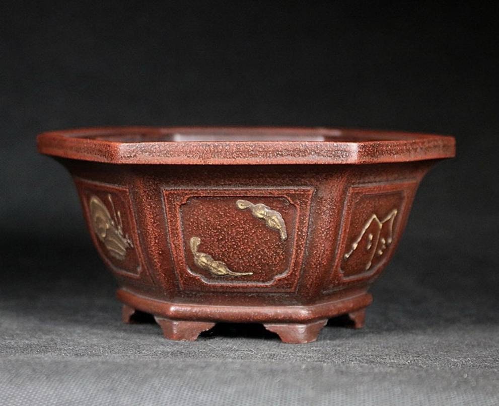 Mini Hexagonal Bonsai Flower Pot Handmade Painting Yixing Zisha Pottery ...