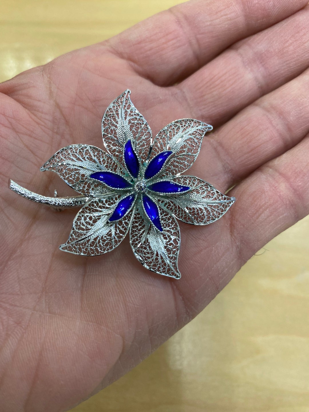 Vintage Van Lou Filigree Sterling Silver Blue Enamel Flower Mid Century ...