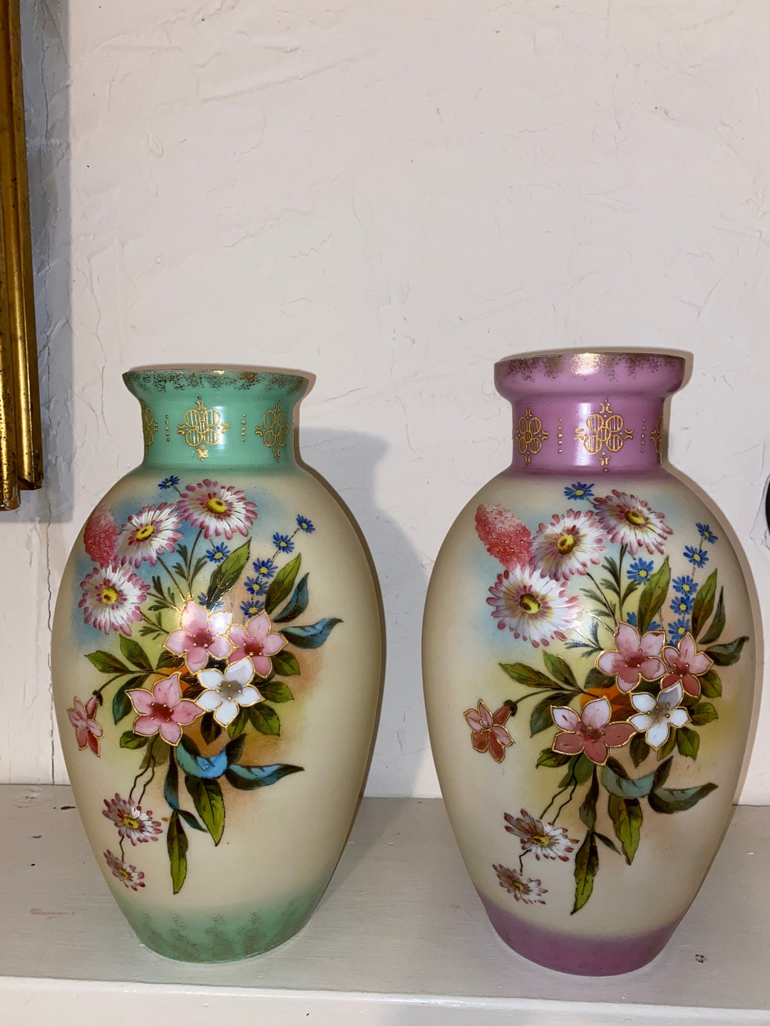 Austrian Glass Superior Decorating Works Vase Vintage Pair Hand Painted ...