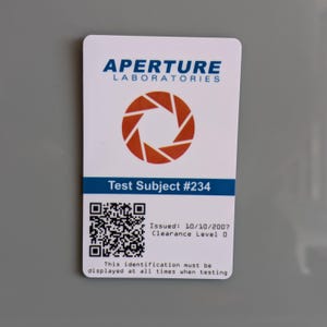 Aperture Laboratories Parody Prop ID on a Laminated ID Card labs ...