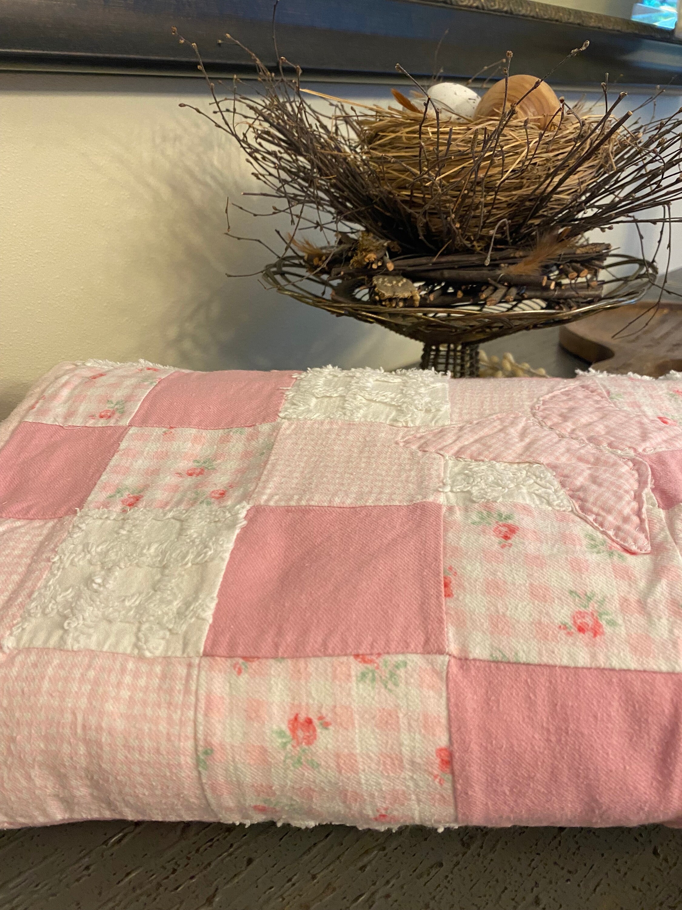 44L X 40.5W Pink and White Baby Quilt Squares Rose and Gingham Fabric ...