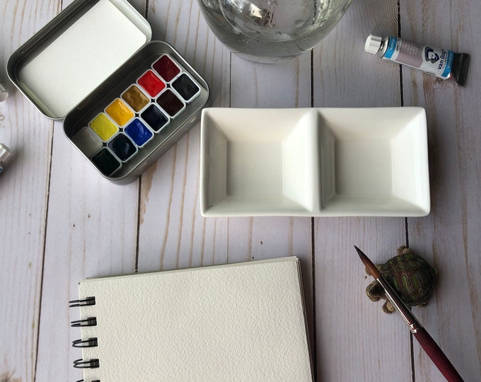 Large Double Well Ceramic Mixing Dish for Watercolor & Gouache, Perfect ...