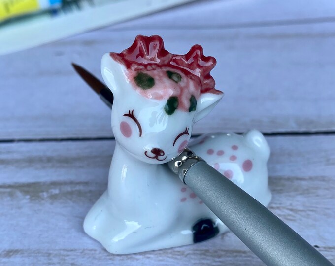 Cheerful White Deer Paint Brush Rest, Bambi Brush Holder, Watercolor ...