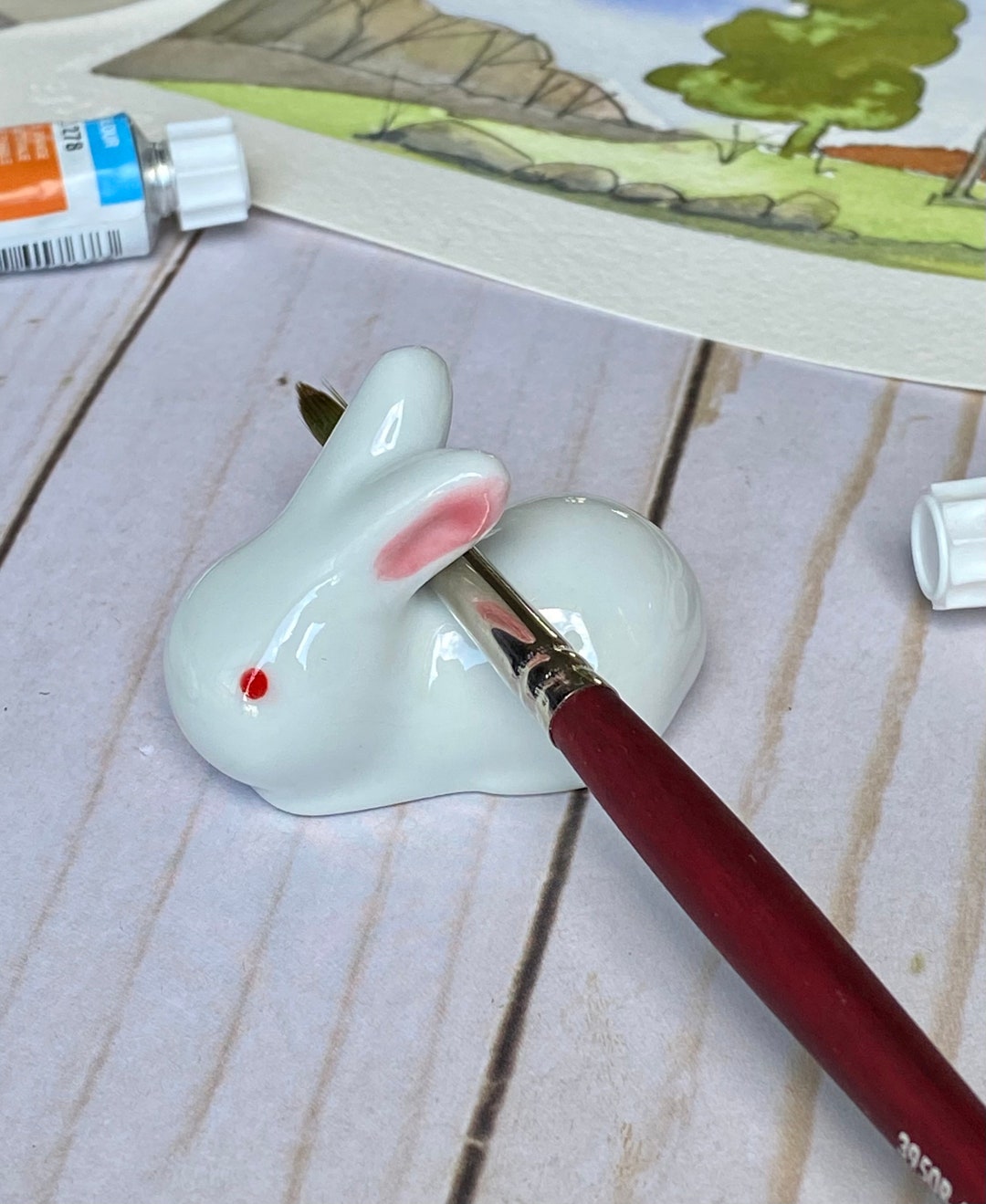 White Ceramic Bunny Paint Brush Rest: Watercolor Accessory - Etsy