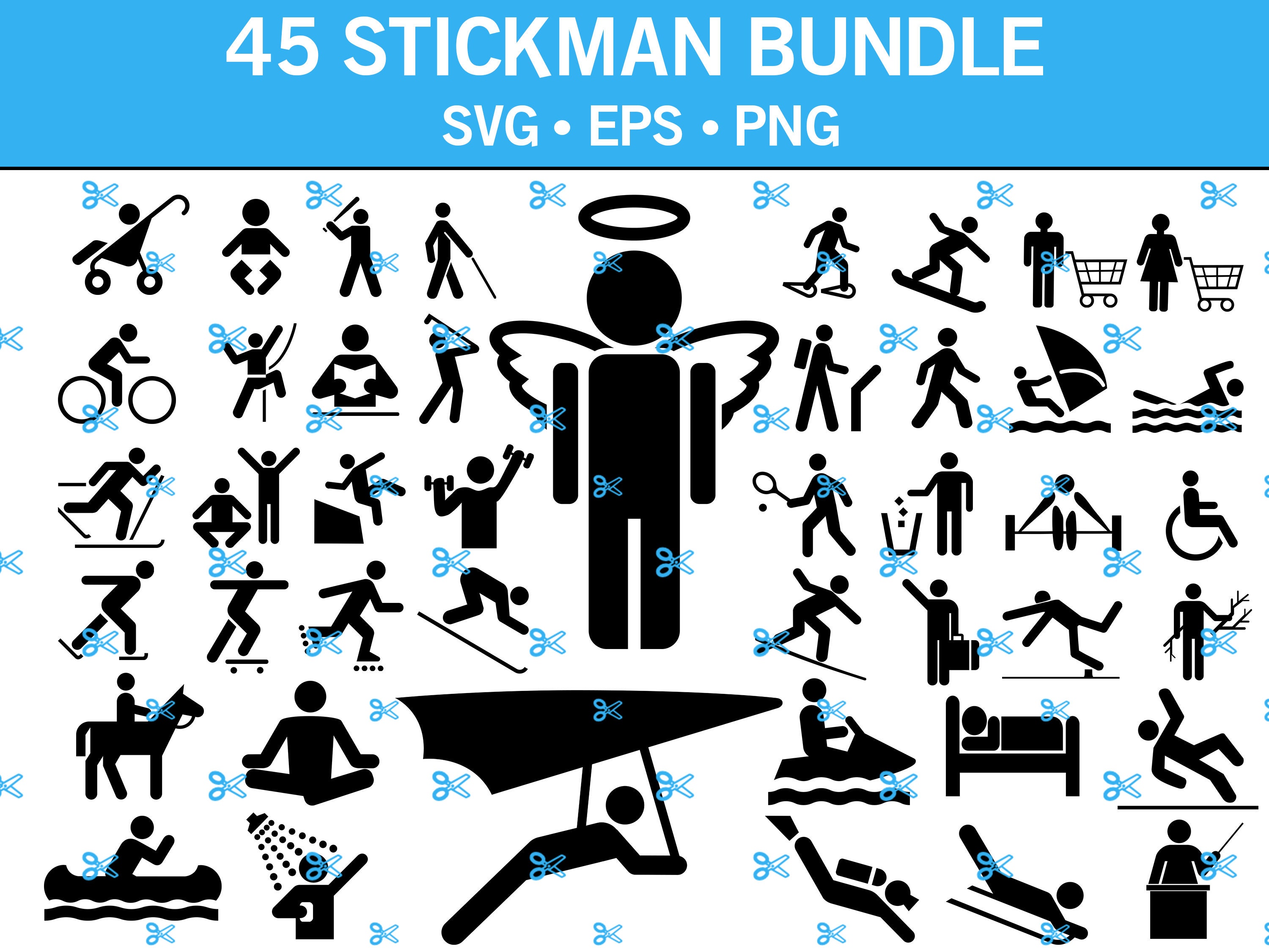 45 Stickman SVG Bundle, Stickman Svg, Swimming Svg, Angel Svg, Skating ...