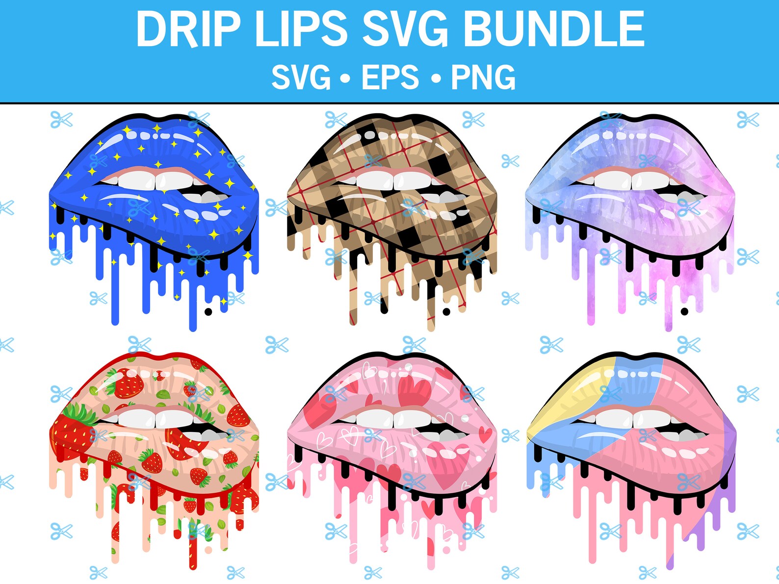 6 Cute Dripping Lips SVG Bundle, Cotton Candy Drip Lips, Plaid Drip ...