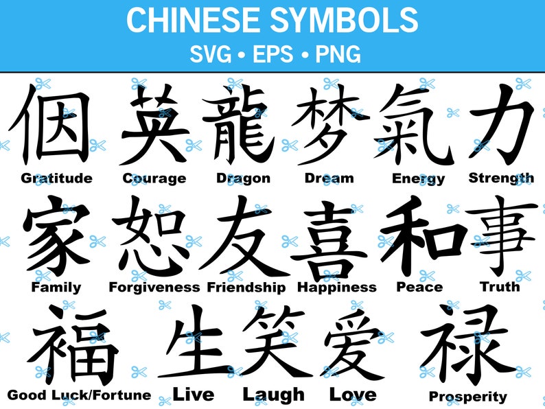 16 Chinese Symbols SVG Bundle, Love, Happiness, Prosperity, Live Love ...